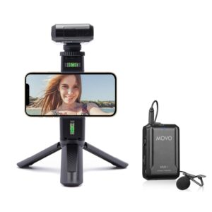 movo smartphone vlogging kit with wireless lavalier microphone, mini tripod, and rotating phone holder for tripod - wireless lapel microphone for iphone and android smartphones, dslr camera, and more