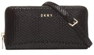 dkny sally leather zip around wallet on a chain - black