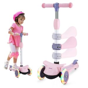 wheelive 2 in 1 kick scooter with removable seat, 3 led wheels kick scooter for kids, 4 adjustable height & foldable design toddler scooters sit or stand ride for boys & girls 2-8 years old (pink）