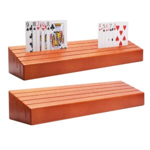 wooden playing card holder set of 2 solid card tray rack organizer for kids seniors adults - 13.8 inch* 3.1 inch extended versions long enough for bridge canasta strategy card playing