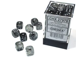 chessex borealis 12mm d6 light smoke/silver luminary dice block (36 dice) (27978)