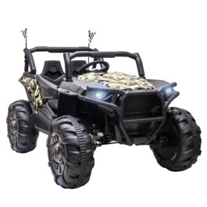 aosom 12v kids ride on car electric off-road utv truck toy with parental remote control, suspensions, usb, bluetooth, 3 speeds & 4 motors, camo green