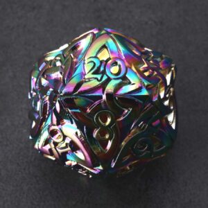 kakapopotcg endless chaos dice (rainbow) d20 dice with celtic knots solid metal extra large extra heavy for dnd dnd5e ttrpg rpg polyhedral dice bard dice sorcerer wizard dice