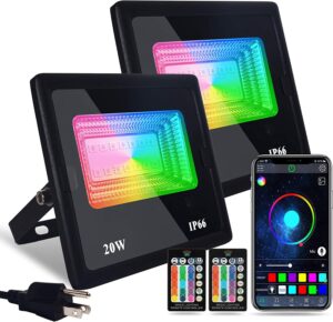 led flood light rgb color changing outdoor lights(2 pack 20w), bluetooth connected app control, ip66 waterproof, timing, 2700k-6500k, christmas lights for garden landscape stage lighting