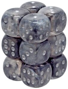 chessex borealis 16mm d6 light smoke/silver luminary dice block (12 dice) (27778), grey