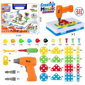 haifeng 237 pieces creative mosaic toy drill puzzle set for kids, stem learning educational toys, drill and screwdriver engineering building kit for boys and girls ages 3 4 5 6 7 8 9 10 year old