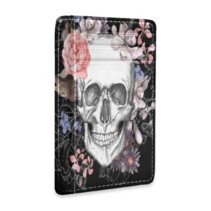 linomo thin leather card holder and money clip floral sugar skull face print wallet rfid blocking for men & women