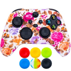 9cdeer 1 piece of silicone transfer print protective thick cover skin + 6 thumb grips for xbox series x/s controller pink flowers