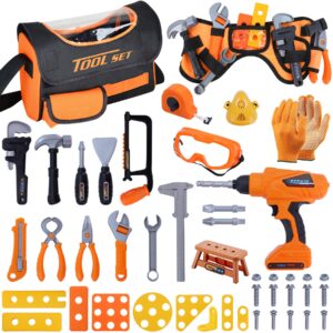 toy tool set for boys 46pcs pretend play construction toy with storage bag&kids toolbelt, electric drill toy, tape measure, goggle toys durable kids tool accessories for 3 4 5 6 year old kids boys