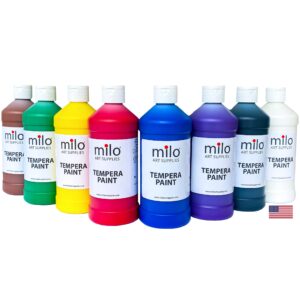 milo tempera paint set of 8 colors | 16 oz bottles | made in the usa | washable and non-toxic art & craft poster primary finger paints for artists, kids, & hobby painters