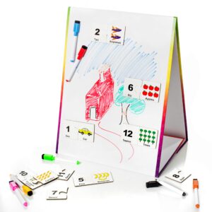 abesons kids self-standing double-sided tabletop magnetic easel dry erase white board. includes 8 dry erase markers + educational magnetic numbers puzzle (easel + puzzle)