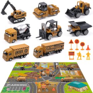 dighealth construction vehicles toys set with 32×28 inches play mat, 8 mini alloy engineering trucks and 7 road signs, excavator and dumper truck toy gift for 3 4 5 6 7 years old kids, boy and toddler