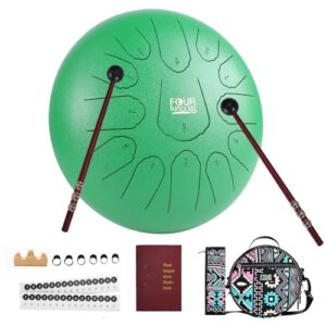 four uncles steel tongue drum 12 inch 13 notes hand pan drums with travel bag sticks music book mallets, c major musical instruments for entertainment meditation yoga zen gifts (emerald green)