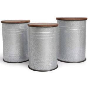 hallops farmhouse accent side table | galvanized rustic coffee table | metal storage ottoman wood cover | farmhouse decor storage box (set of 3, silver)