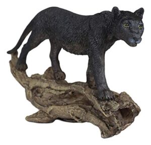 ebros gift black panther cougar prowling on distressed tree log figurine 8" long wildlife black jaguar ghost forest hunter sculpture home decorative accent