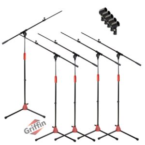 microphone boom stand with telescopic arm (pack of 5) by griffin | adjustable holder mount for studio recording accessories, singing vocal karaoke, live stage dj | mic clip adapter tripod folding legs