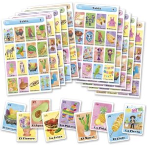 fiesta bingo game set in spanish, mexican bingo for 10 players - 10 boards and full deck of cards