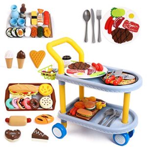 kids food cart toy sets,kids role play large dining car toys and 98pcs food, kitchen, tableware accessories., educational toys for 3+ years boys/gir