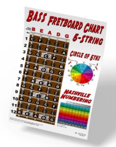 5 string bass fretboard poster - nashville numbering system, circle of 5ths, notes instructional chart | a new song music | 11x17