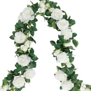 cocoboo 26.2ft 4pcs white rose garland, artificial flower vines, fake silk white rose garland, hanging floral garland for wedding arch ceremony home garden outdoor wall decorations