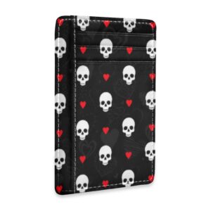 linomo thin leather card holder and money clip sugar skull love heart pattern wallet rfid blocking for men & women