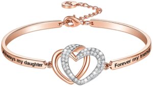 aihitero valentines day daughter gift, ‘always my daughter forever my friend’ love heart bangle bracelet, women rose gold jewelry, christmas anniversary birthday present from father dad mom mother