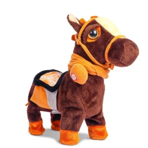 smalody plush interactive toy, animated walking pony electronic pet horse with leash pony robot plush stuffed animal toys for boys & girls kids (black)