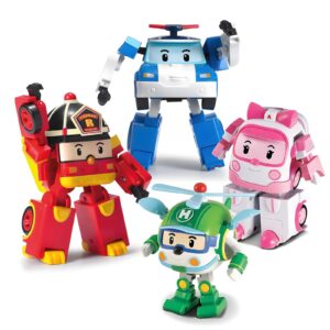 robocar poli 4 pack poli + amber + roy + helly transforming robot toys, 4" transformable action figure toy, emergency vehicle playset, holiday birthday rescue car toys gift for boys girls age 1-5