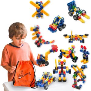 skoolzy klikio 8 in 1 construction building engineering toys 98 piece kit - stem bin toys for ages 7+, includes storage bag and booklet with building designs