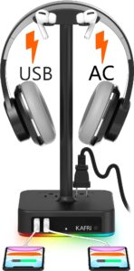 kafri rgb headphone stand with usb charger desk gaming headset holder hanger rack with 2 usb charging ports and 2 outlet - suitable for gamer desktop table game earphone accessories boyfriend gift