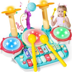 fajiabao kids drum set for toddlers 1-3 with microphone, baby drum kit musical toys for 1 year old boy girl light piano keyboard, early learning instruments for 6 12 18 month