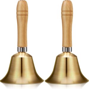 2 pieces solid brass hand call bells with wooden handle handbells loud ringing bell hand held service bell animal bell decoration(3.15 x 3.15 x 5.9 inch)