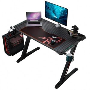 eureka ergonomic computer desk, gaming desk with led lights 44.5 inch, home office z shaped gaming computer desk table with mouse pad headset hook controller stand cup holder, black