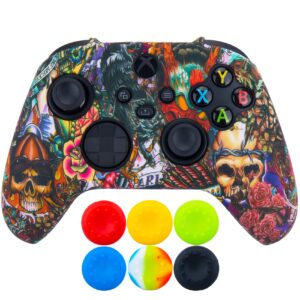 9cdeer 1 piece of silicone transfer print protective thick cover skin + 6 thumb grips for xbox series x/s controller monsters