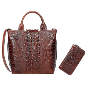 pijushi designer genuine leather top handle satchel handbags with crocodile wristlet wallet