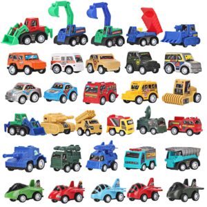 36 pcs mini pullback vehicles toy pocket cars mega set for kids - pull back plastic miniature construction truck, military vehicle, race car, fighter jets gift assortment