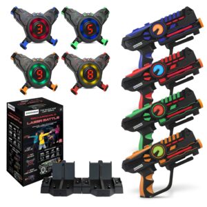 armogear nerf guns and laser tag guns set of 4 - rechargeable toy blasters for kids and adults - indoor and outdoor laser tag with vests, digital score display - family game fun for ages 8 and up