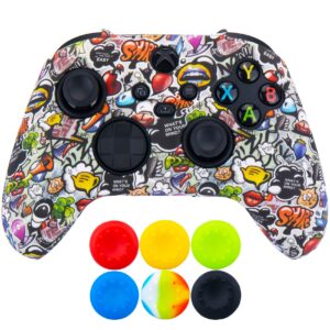 9cdeer 1 piece of silicone transfer print protective thick cover skin + 6 thumb grips for xbox series x/s controller strawberry