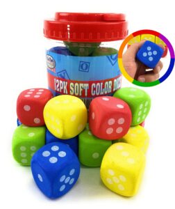 deluxe 1.5" eva foam dice red, green, blue & yellow (pack of 12) bucket