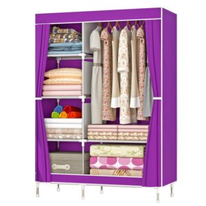 zzbiqs clothing wardrobe closet, portable non-woven fabric garment clothes wardrobe storage organizer shelf rack, diy armoire storage with hanging rod(purple)