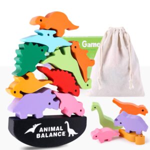 pjdrllc dinosaur stacking toys for kids: wooden balance blocks - enhance fine motor skills - best birthday gifts for children (storage bag included)