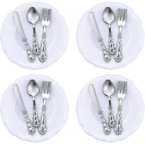 skylety 4 pieces 1:12 scale miniature dollhouse plates and 12 pieces spoons knives forks metal tableware kitchen accessories miniatures porcelain plate set dollhouse decoration