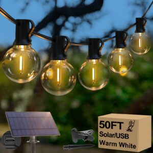 dimmable 50ft g40 globe string lights for patio, led hanging lights waterproof with 25 1w bulbs, shatterproof outdoor lights string for porch, edison bulb string lights, e12, 2200k warm white, black