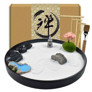 artcome japanese zen sand garden for desk with rake, stand, rocks and mini furnishing articles - office table accessories, mini zen sand garden kit - meditation gifts