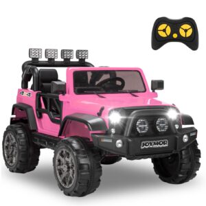 joymor 2 seat ride on truck, 12v kids electric battery powered car with remote control, motorized toddler vehicles truck toy, adjustable speeds, mp3 player, led, horn (two seat, pink)