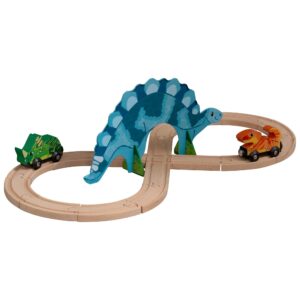 kidkraft adventure tracks™: dino world t-rex tremor cave 15-pc. wooden train track and vehicle play set, gift for ages 3+