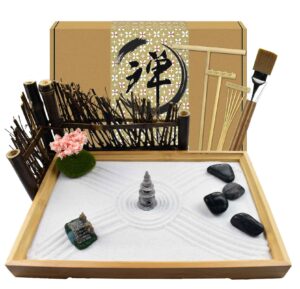 artcome japanese zen sand garden for desk with rake, stand, rocks and mini furnishing articles - office table accessories, mini zen sand garden kit - meditation gifts