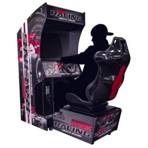 creative arcades full size commercial grade seated racing arcade machine | 107 racing games | 32" lcd screen | seat | steering wheel | pedals | 3 year warranty