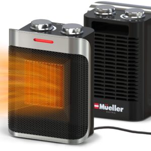 mueller portable space ceramic heater 750w/1500w, high output fan, adjustable thermostat, with overheat/tip over protection for home bedroom or office, etl certified