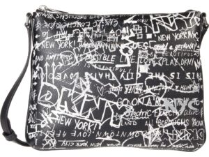 dkny erin top zip crossbody black/white street graffiti one size